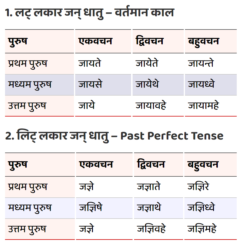 जन् (उत्पन्न होना) धातु के रूप - Jan Ke Dhatu Roop - संस्कृत